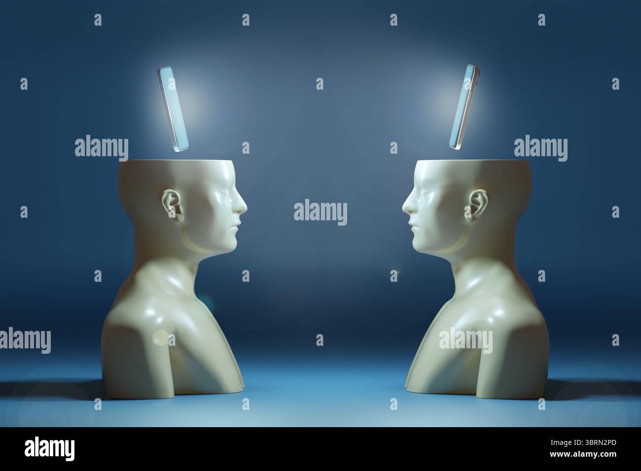 Human figures with mobile phones on their heads on blue background. 3d ...