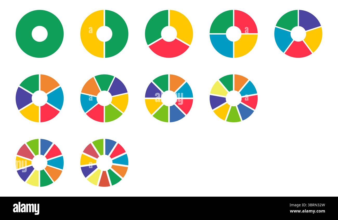 Donut charts, pies segmented on from 1 to 11 equal parts. Pie, pizza ...