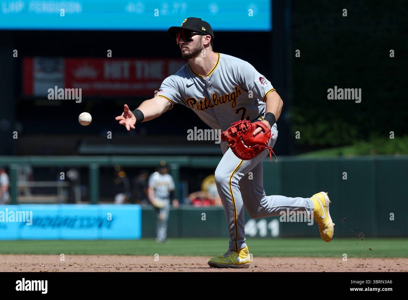 Pittsburgh Pirates first baseman Spencer Horwitz tosses to first base ...