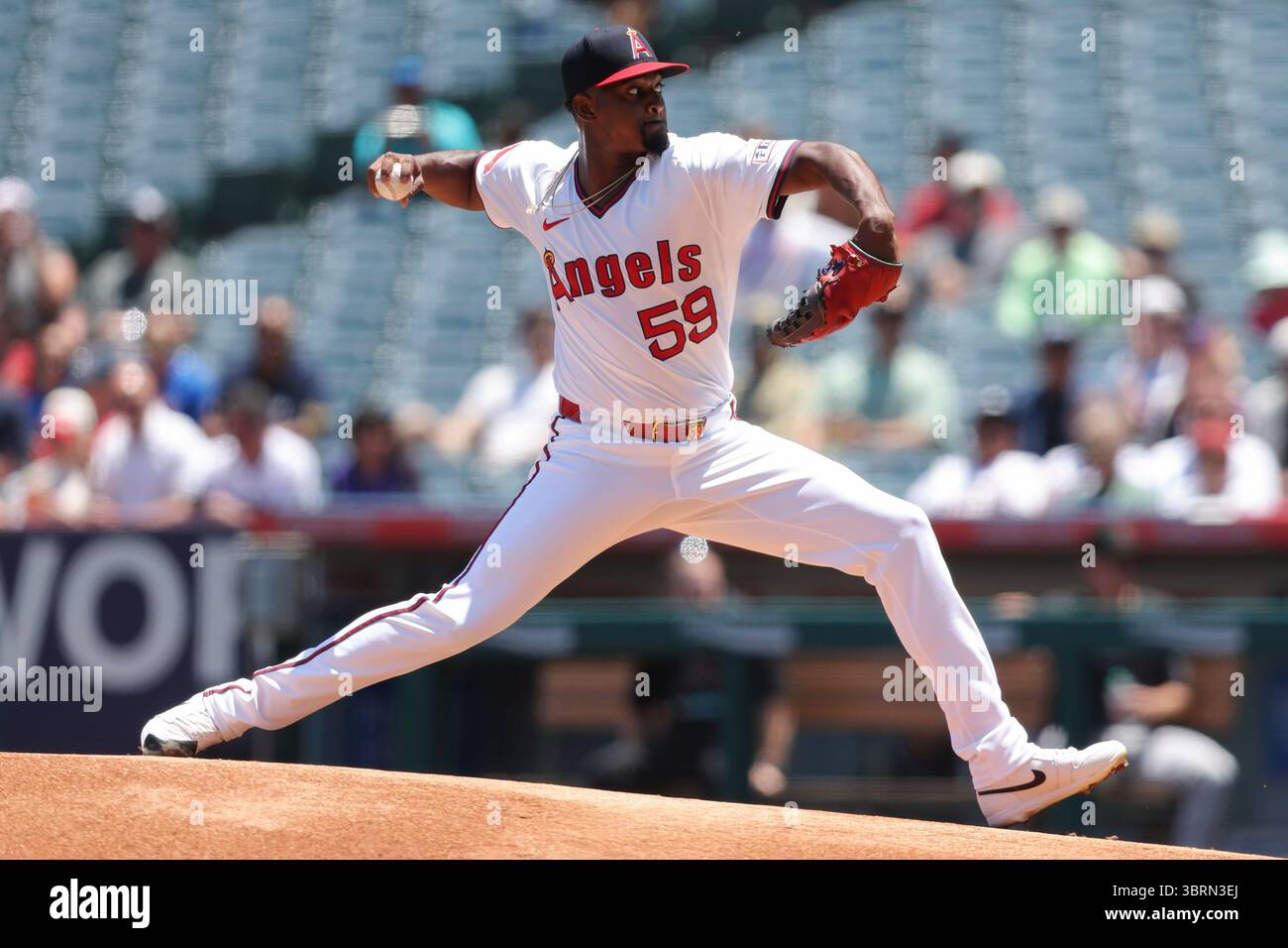 Los Angeles Angels pitcher José Soriano throws to an Arizona Diamondbacks batter during the ...
