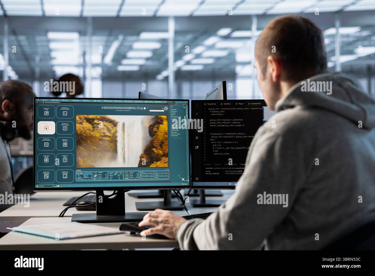 Technician in server hub making AI software turning text prompt into photos. Data center ...