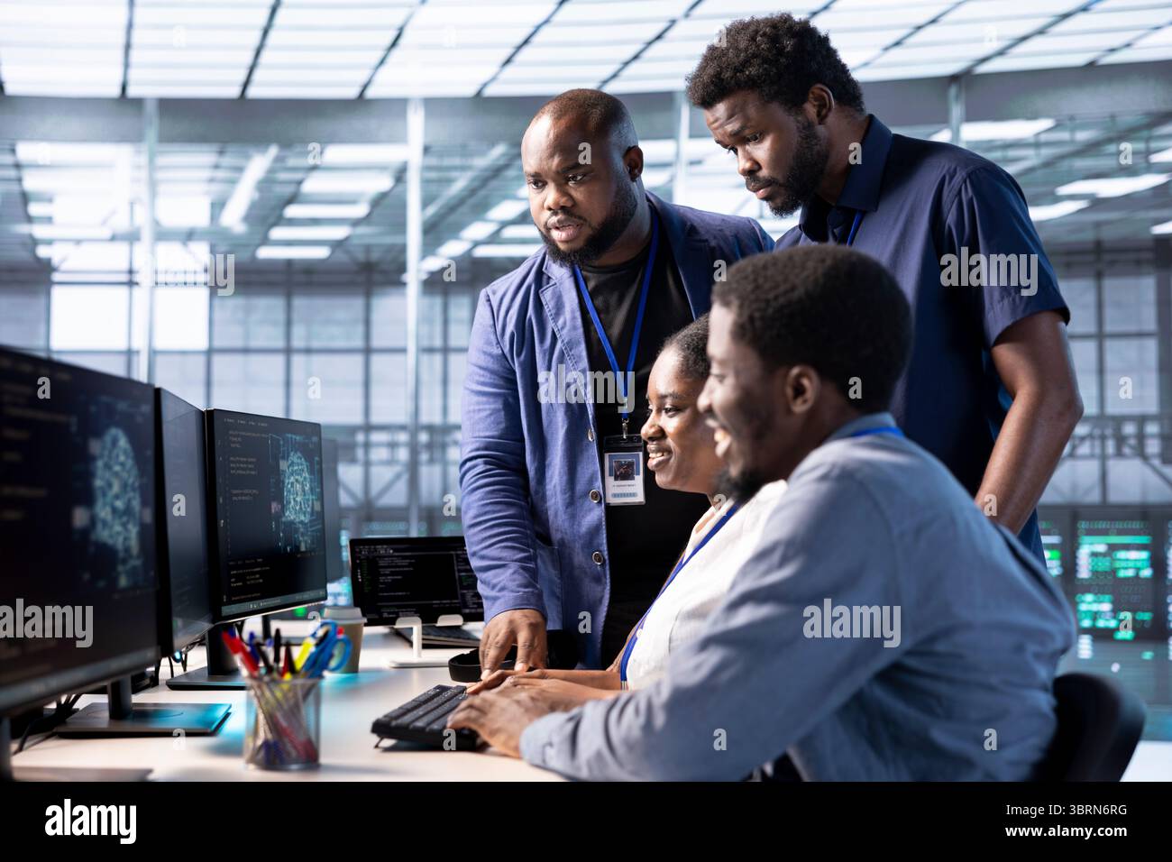 Cheerful team of server farm admins pleased after successfully finishing AI research, creating ...