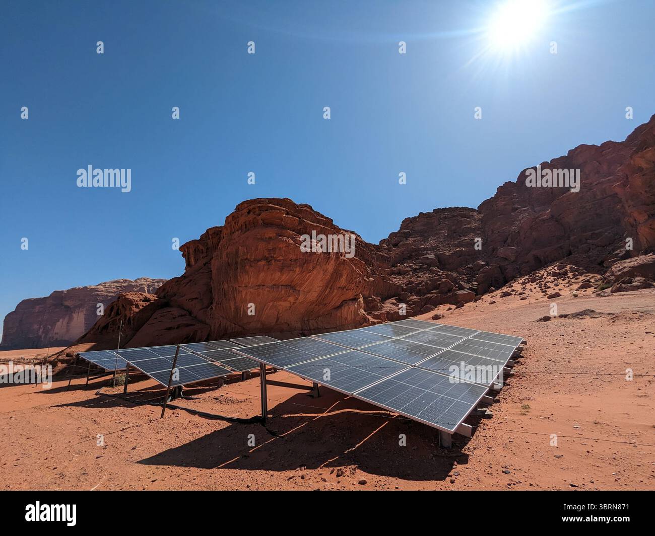 solar power plant in Wadi Rum desert in Jordan,Arabia, red sand dunes ...