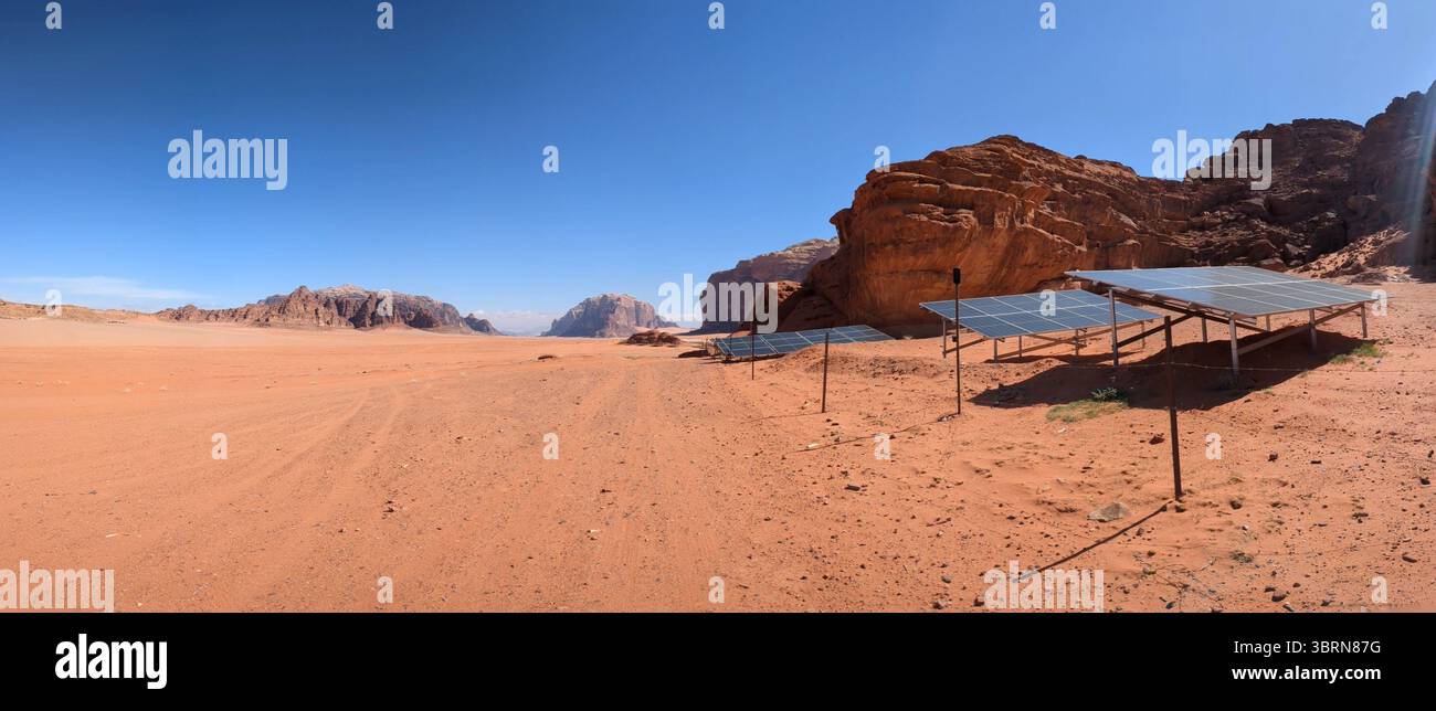 solar power plant in Wadi Rum desert in Jordan,Arabia, red sand dunes ...
