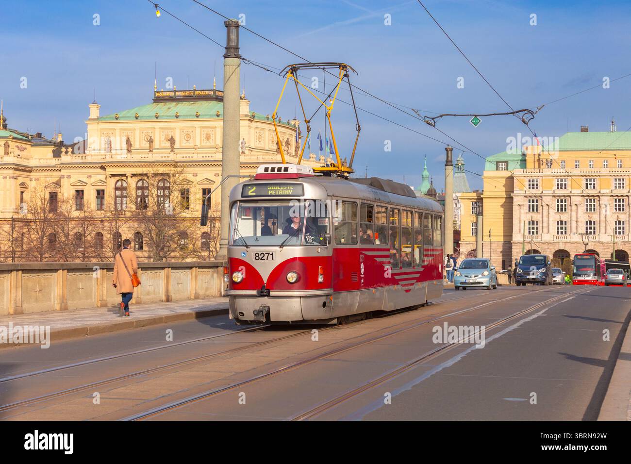 Prague, Czech Republic - April 10, 2025: Vintage red old tram on city ...