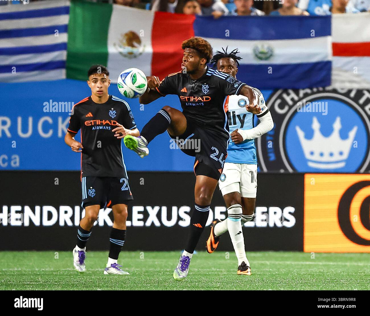 July 12, 2025: New York FC defender Tayvon Gray (24) stops the ball ...