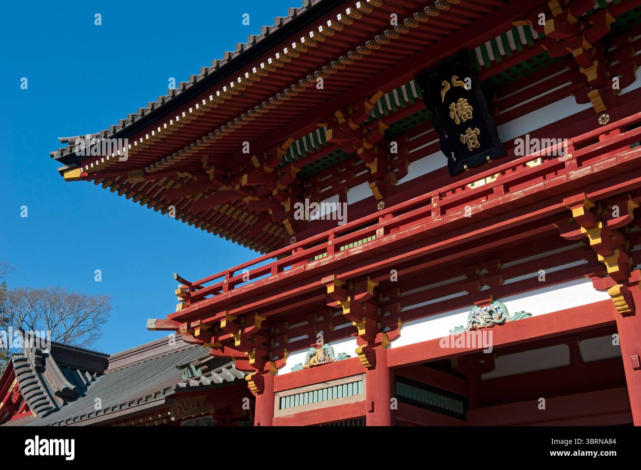 Close-up detail of architecture features of the honden (main hall) of ...