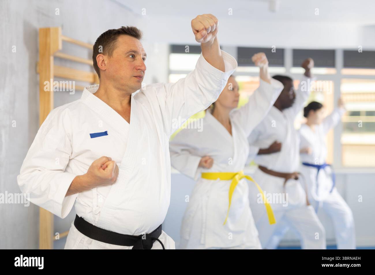 Group of multinational people in kimonos try new fighting techniques at ...