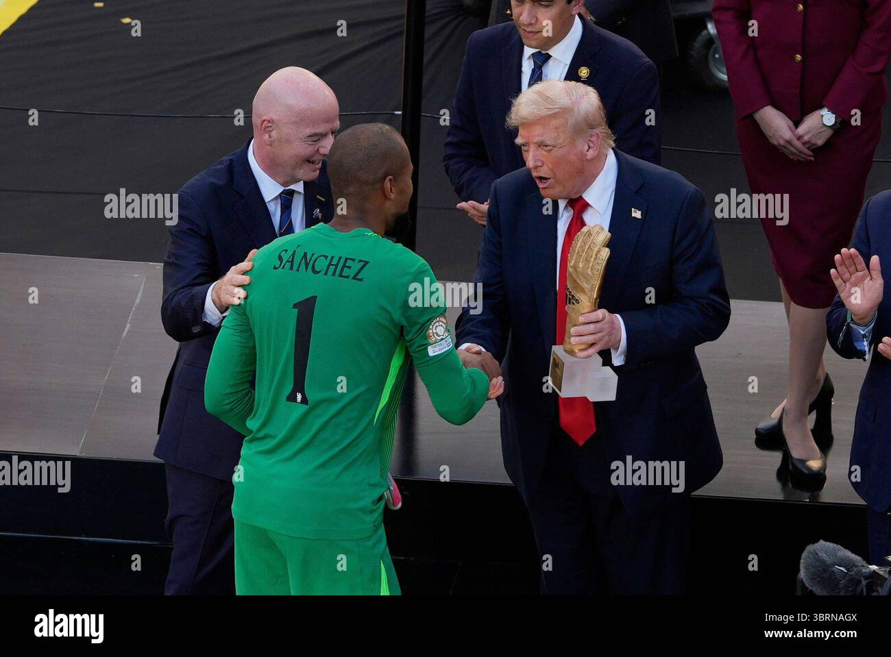 Chelsea's goalkeeper Robert Sanchez shakes hands with President Donald ...