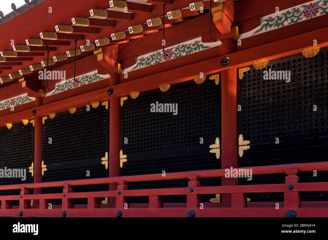 Close-up detail of architecture features of the honden (main hall) of ...