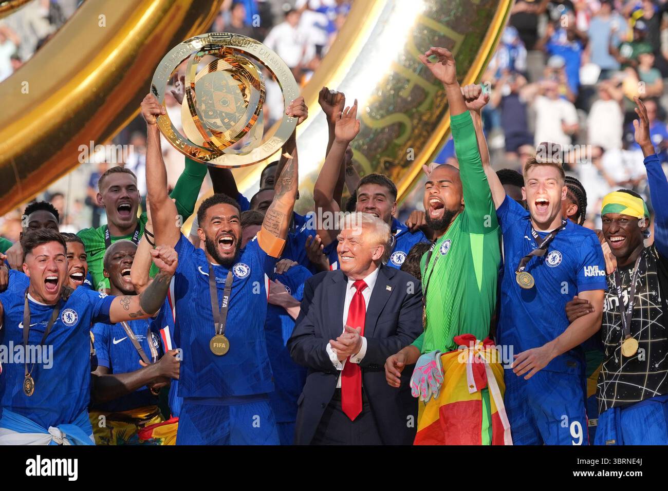 President Donald Trump looks on as Chelsea's Reece James (24) lifts the ...