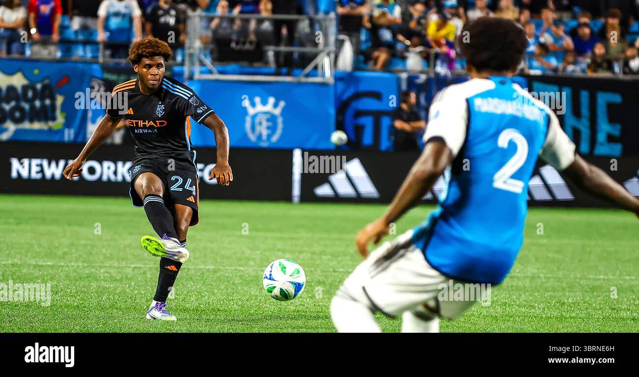 July 12, 2025: New York FC defender Tayvon Gray (24) kicks the ball ...