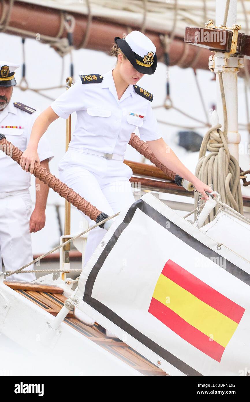 Marin. Spain. 20250713, Crown Princess Leonor arrives onboard of Juan ...