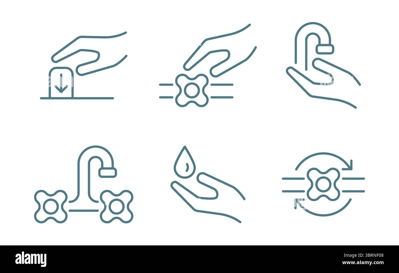 Clean hygiene icons hands operating faucets, water drop, sanitation ...