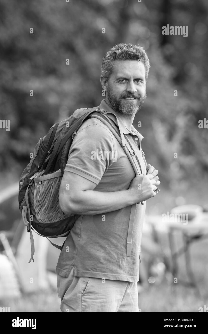 Summer camp and nature vacation. Man on summer camping. Camp adventure ...
