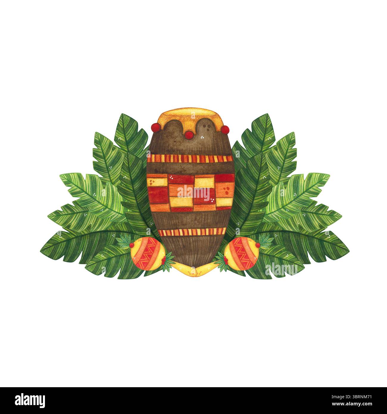 Composition of palm leaves, maracas and drum. Watercolor illustration ...