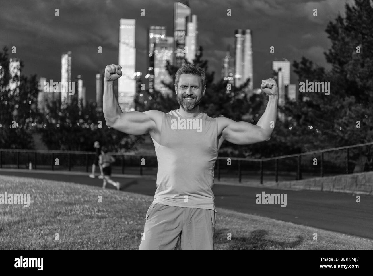 Biceps concept. Athlete show biceps and triceps. Man flex arms with ...