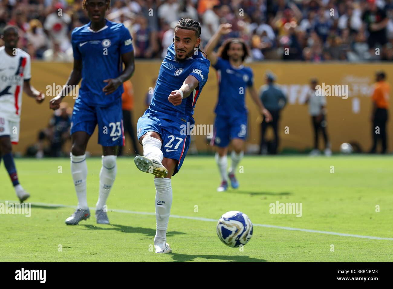 EAST RUTHERFORD, NJ - JULY 13: Chelsea defender Malo Gusto (27) clears ...