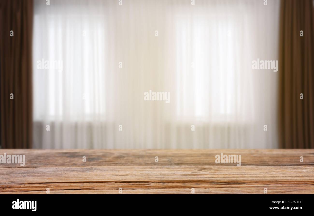 Empty wooden table against windows with curtains in room, banner design ...