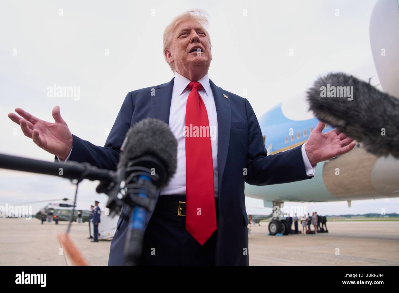President Donald Trump speaks to the media, Sunday, July 13, 2025, on ...