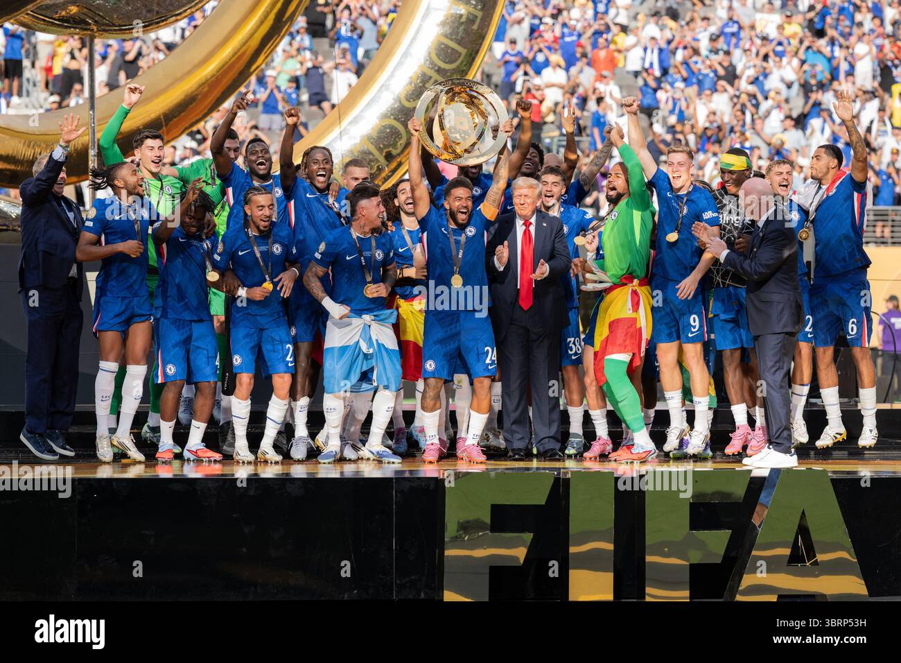 President Donald Trump poses with Chelsea FC players after FIFA Club World Cup 2025: Chelsea FC ...