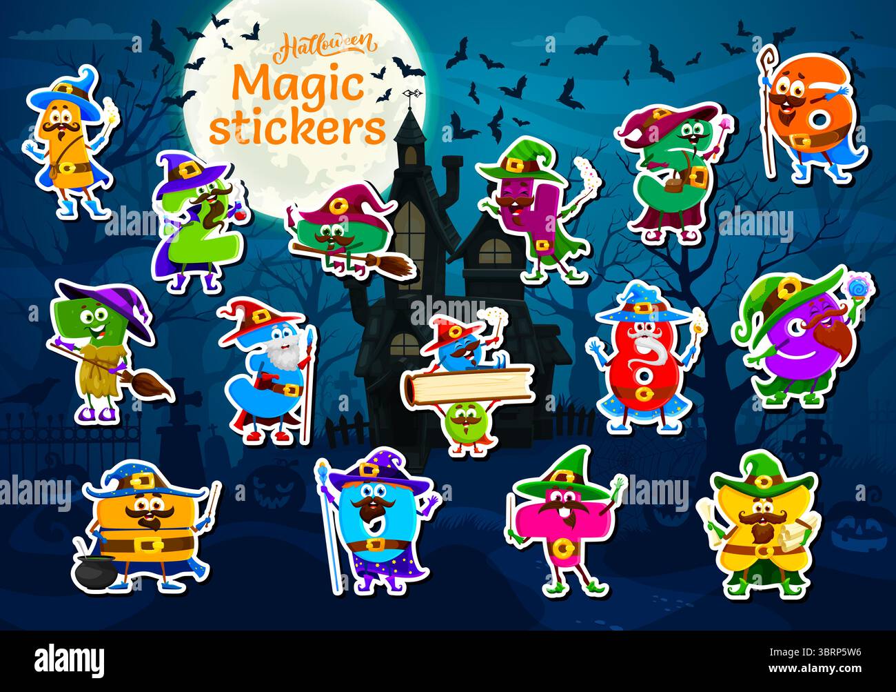 Cartoon math numbers Halloween wizard and witch characters stickers ...
