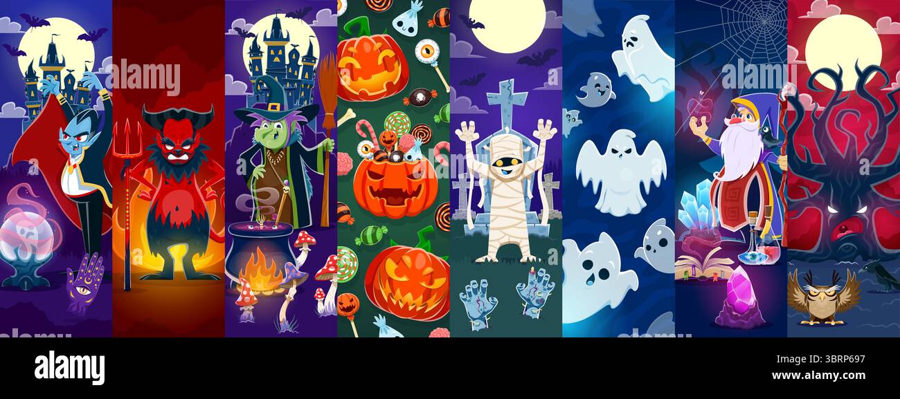 Cartoon Halloween holiday characters collage featuring vibrant vector ...