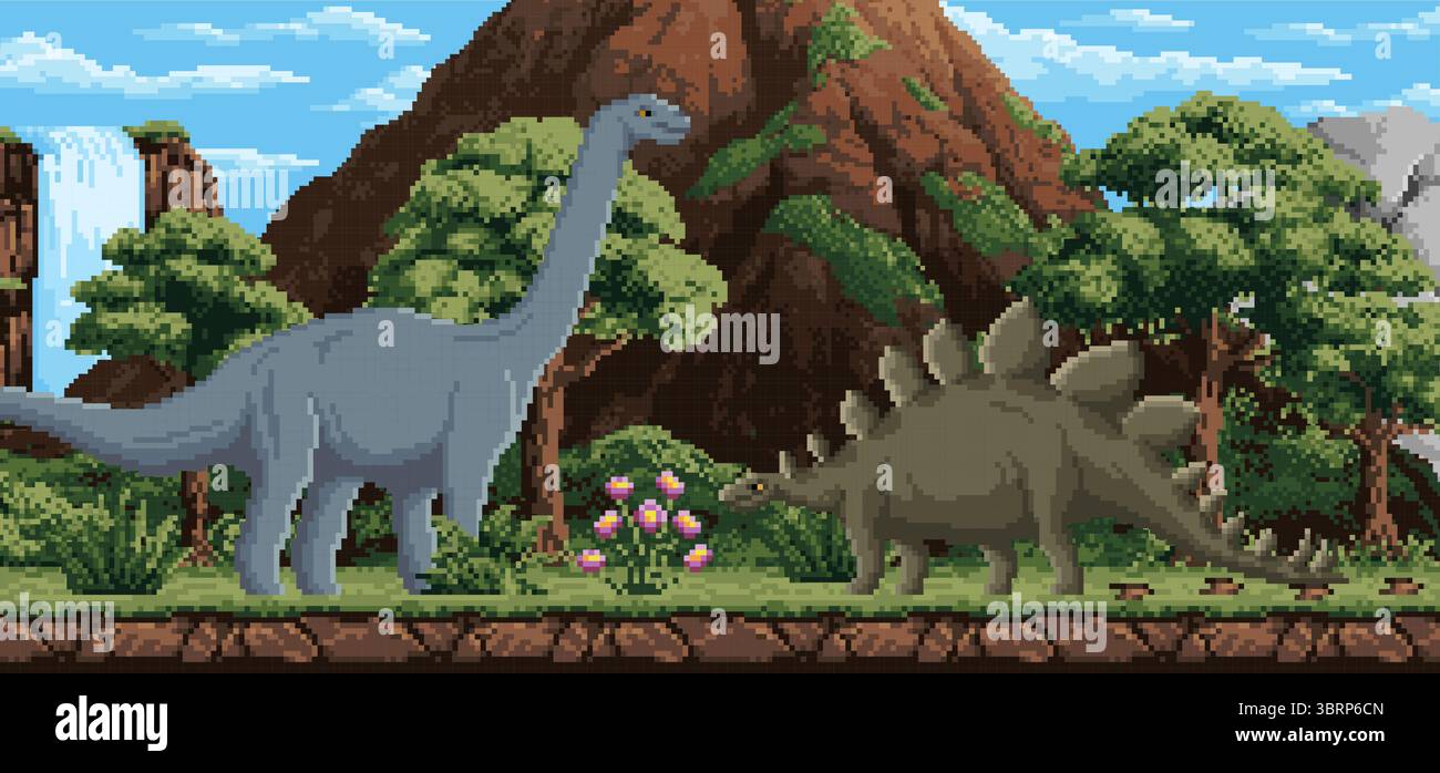 8bit pixel art dinosaurs game background with Jurassic era landscape ...