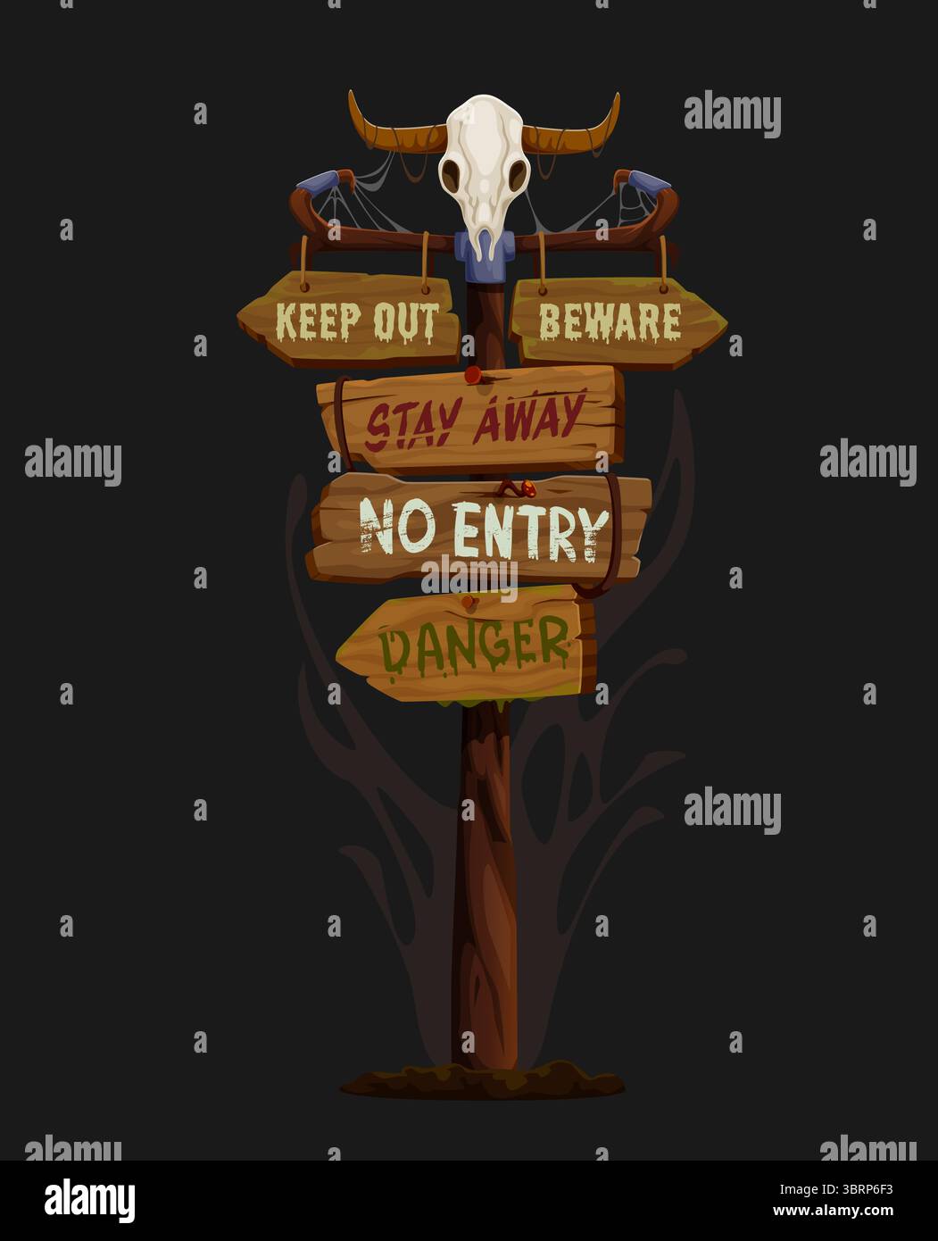 Scary terrible Halloween sign board with skull on wooden signboard ...