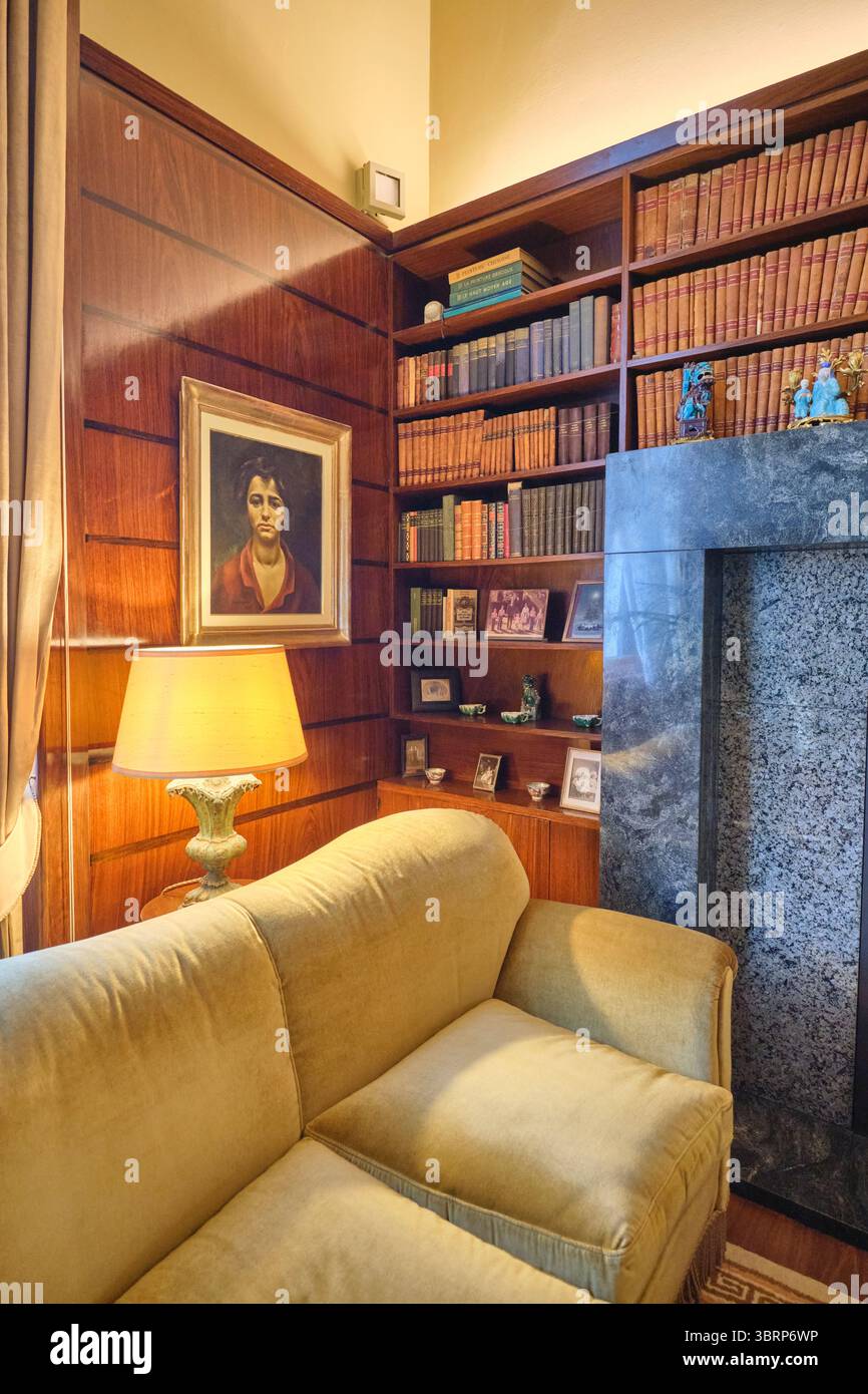 View of the library, office, den room with books and desk. At the ...