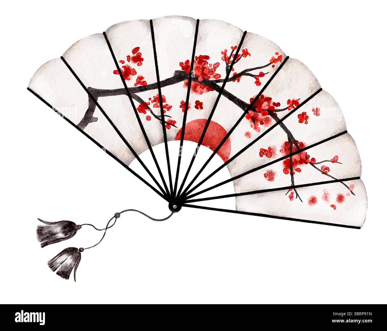 Traditional watercolor hand fan with plum blossoms and red sun. Ink ...