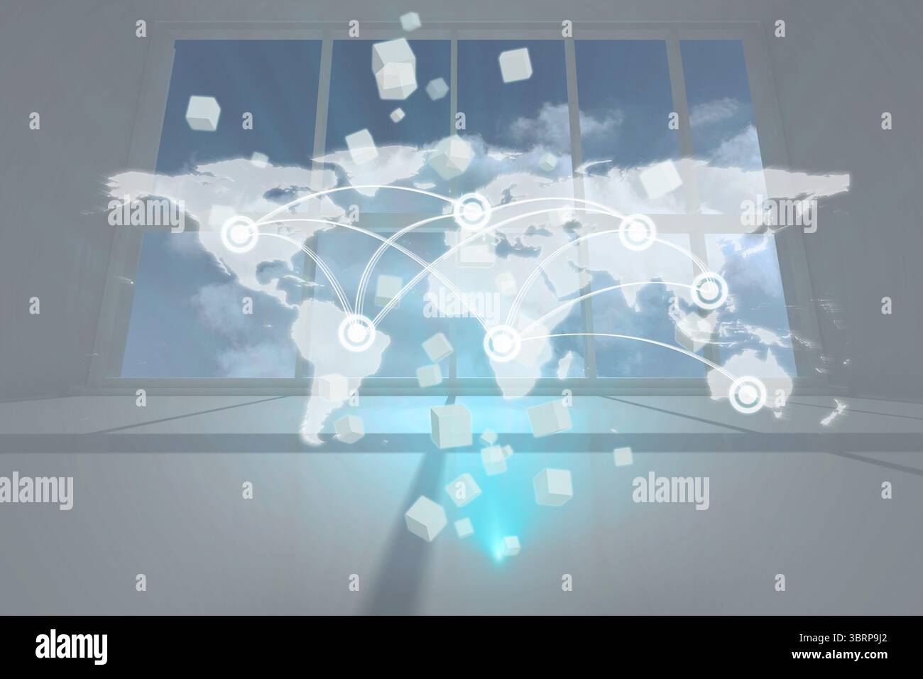 Translucent world map network is appearing in 3D render with glass window, glowing nodes and ...