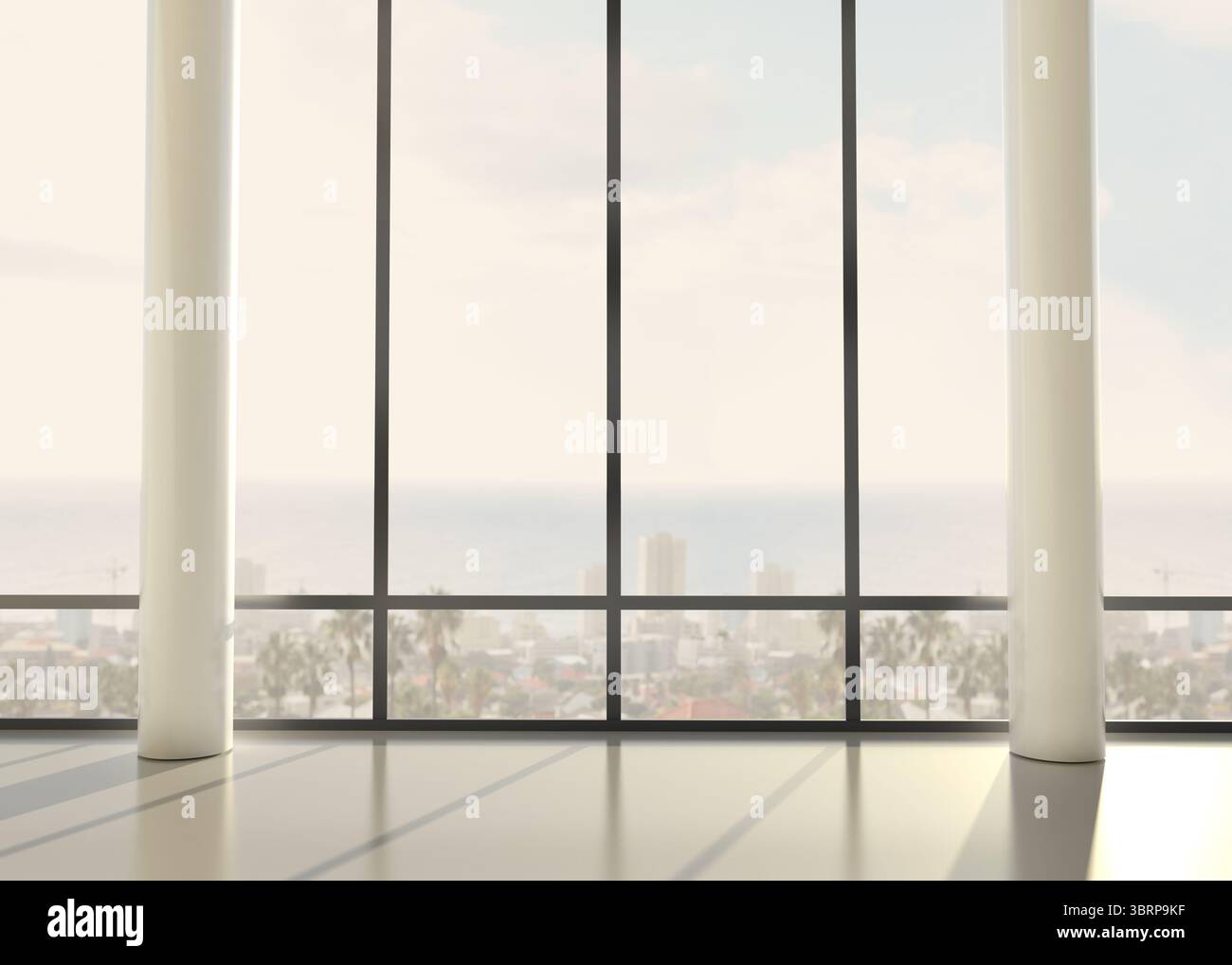 Flat minimal design showing empty room with panoramic windows, white ...