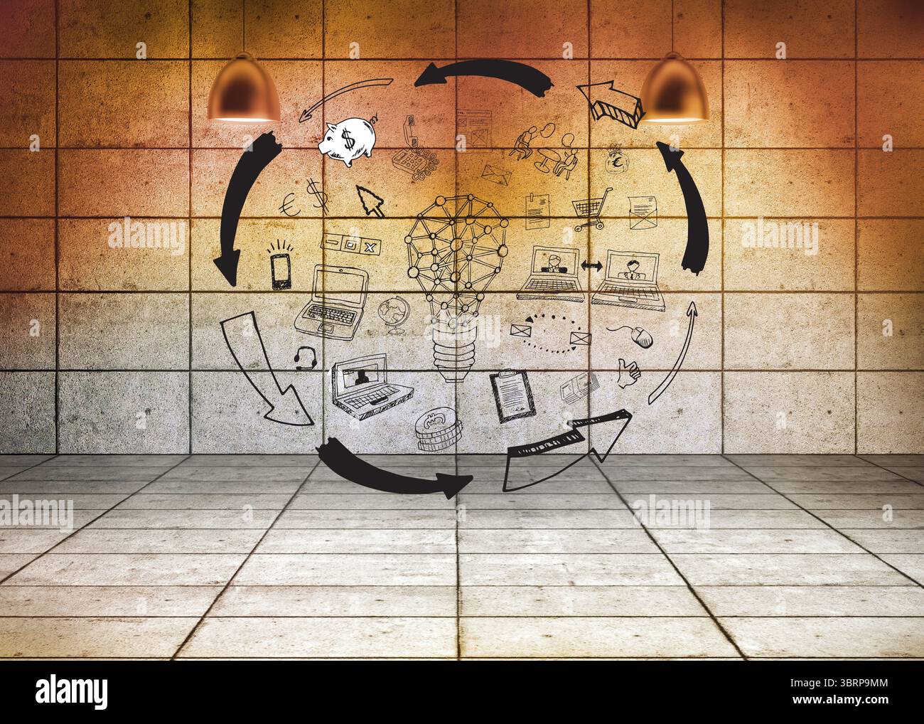 Hand-drawn flowchart is showing tiled space with pendant lamps, network ...