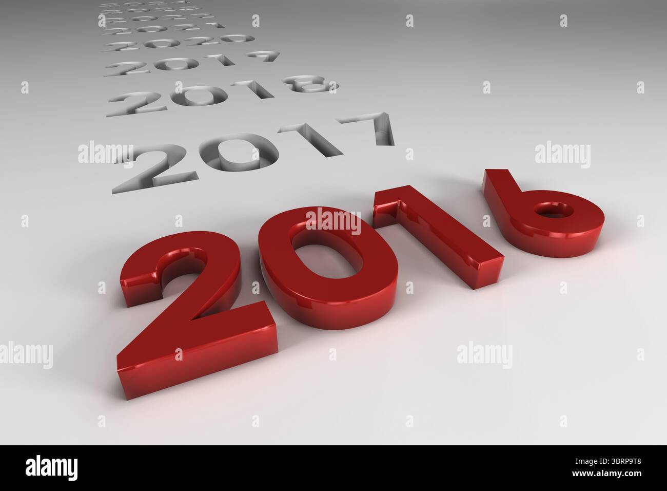 Glossy red 3D 2016 numerals are standing on pale grey gradient plane with receding white markers ...