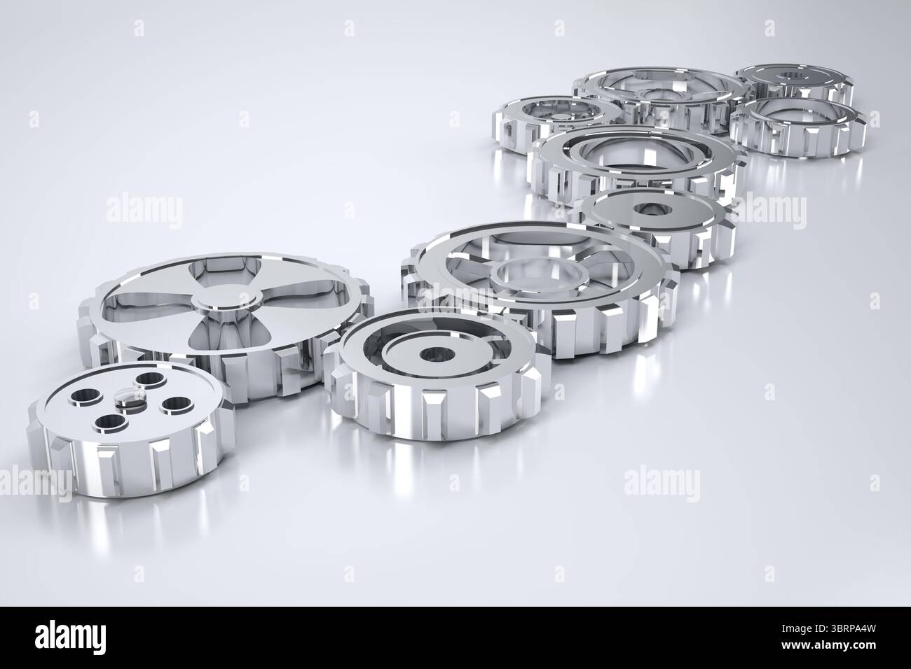 Polished metal gears are being arranged diagonally across reflective ...