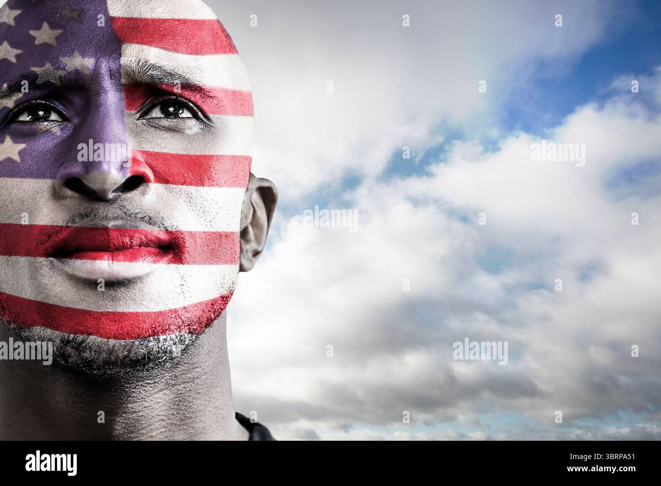 Man is gazing upward in vector portrait, featuring flag face paint ...