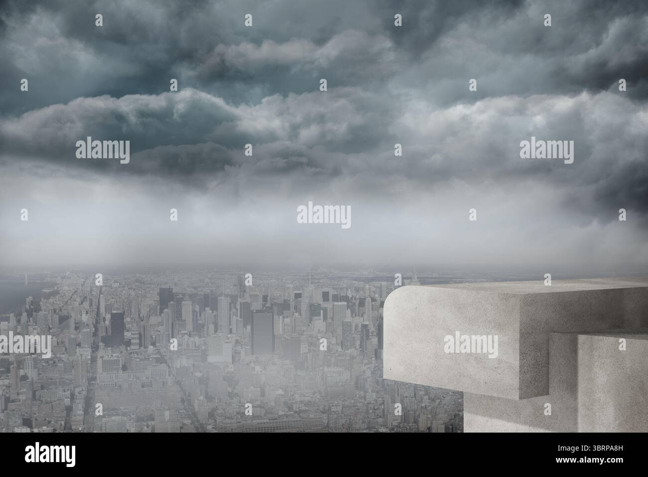 Concrete observation ledge is revealing misty city skyline under storm ...