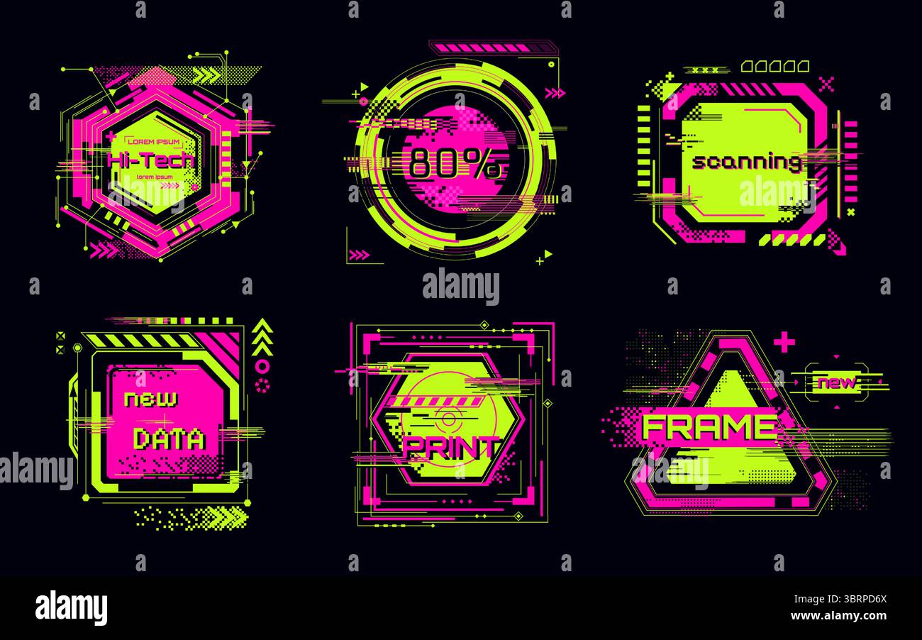 Cyberpunk glitch frame collection with neon colors - circular badge, triangular border design ...