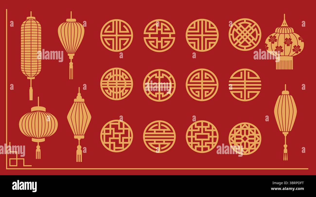 Golden oriental elements on red - Chinese lanterns with various shapes ...