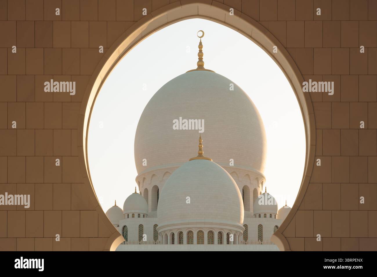 Sunset Light on Domes and Minarets at Sheikh Zayed grand mosque in Abu ...