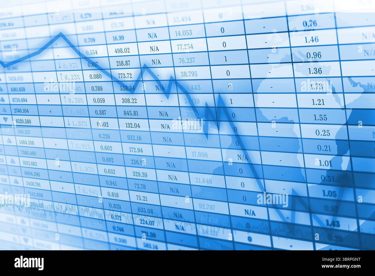 Jagged descending arrow line is overlaying flat design blue financial ...