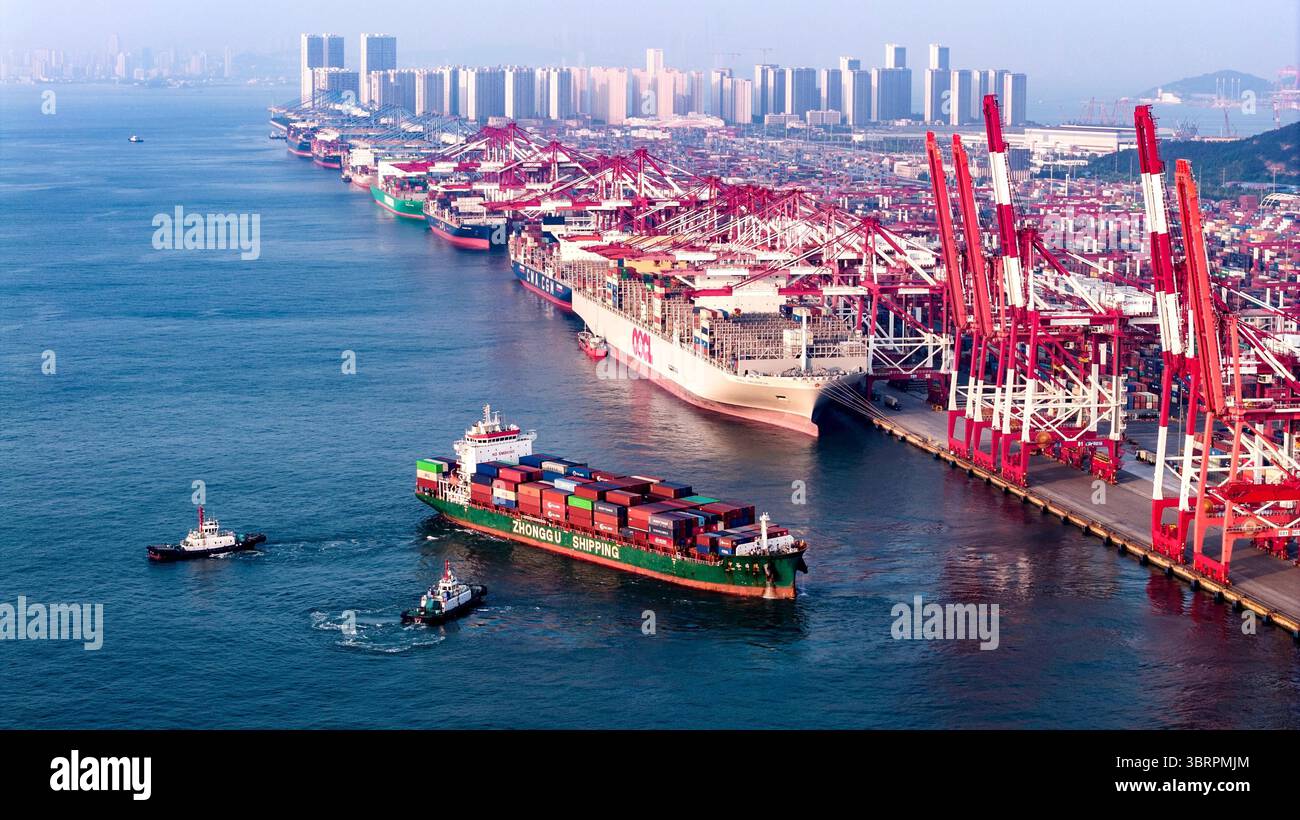 Aerial photo shows the Qianwan Container Terminal in Qingdao City, east ...