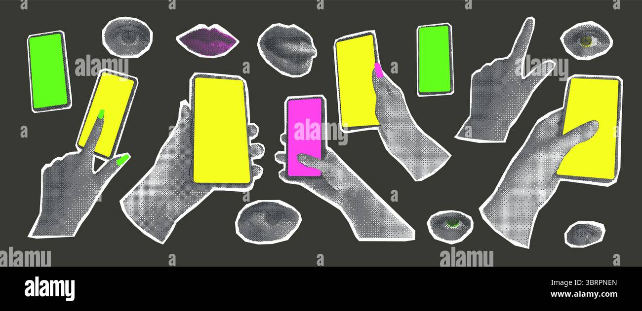Halftone elements. Hands with phones, eyes, lips collage set. Cutouts ...