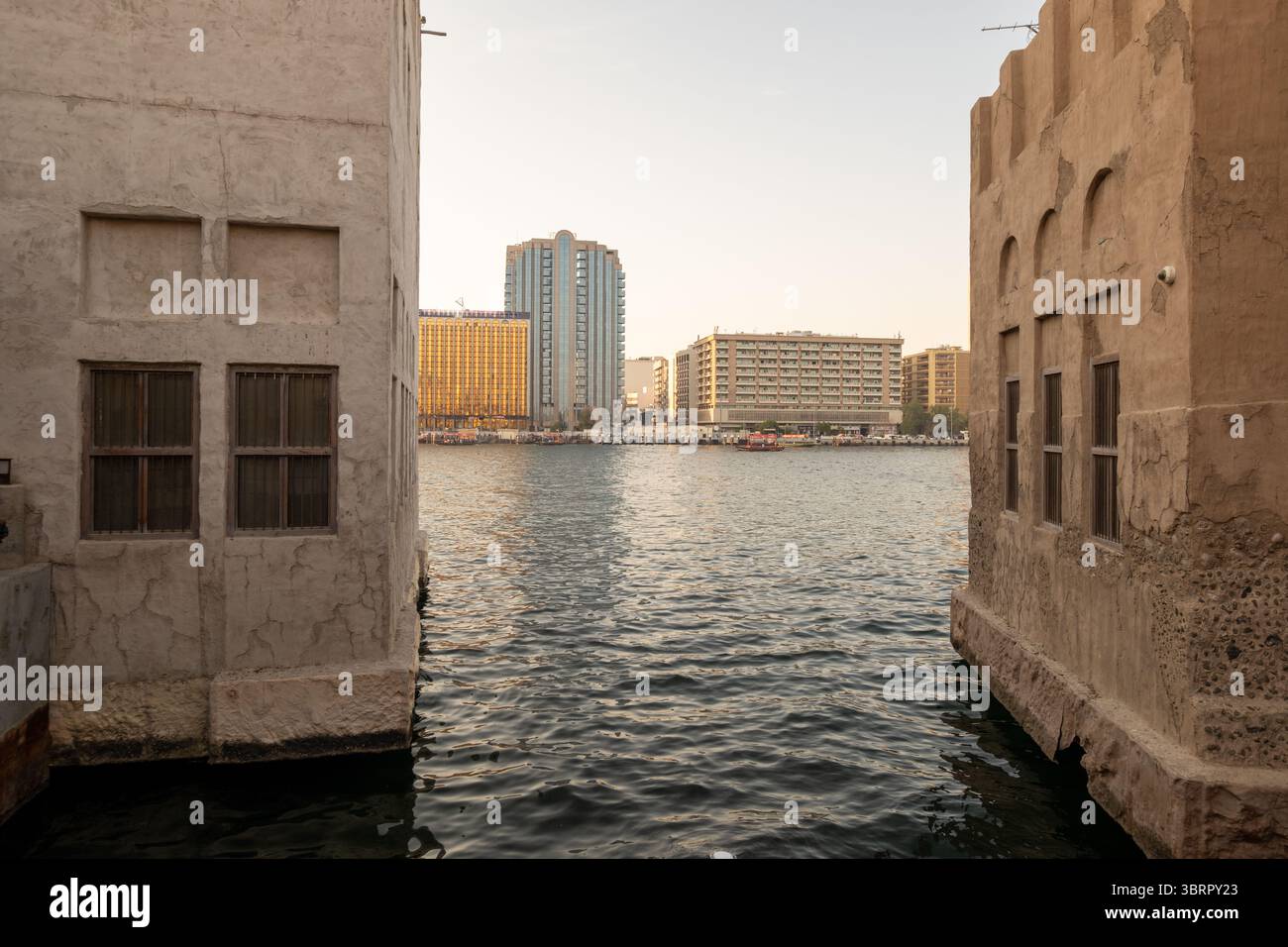 View of Old Dubai from Al seef heritage park, traditional Buildings ...