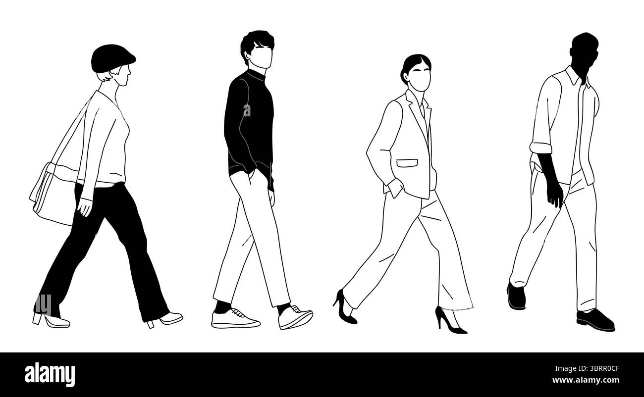 Set of different people walking line art drawing Stock Vector Image ...