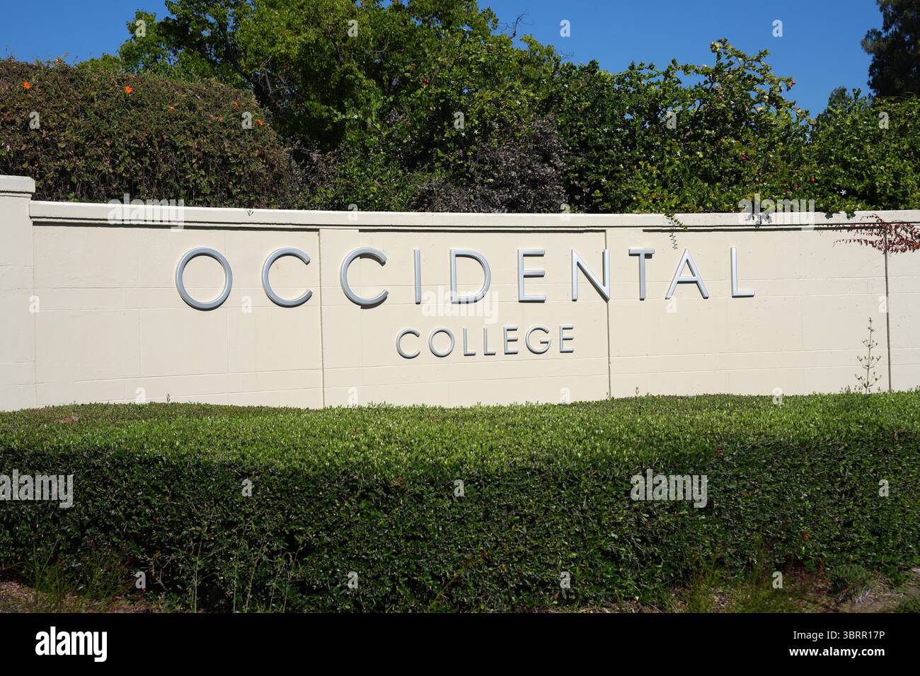 A sign at the Occidental College entrance, Saturday, July 12, 2025, in ...