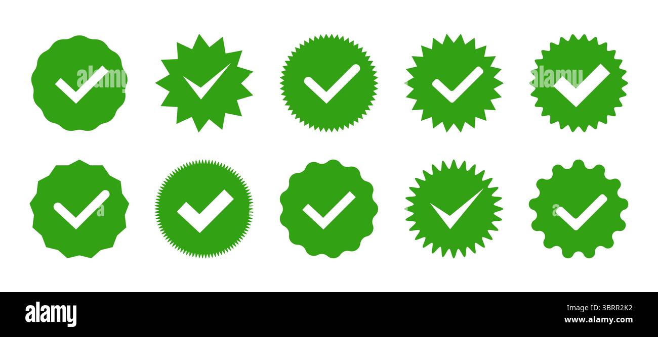 Green round checkmark icon with starburst edge and badge style isolated ...