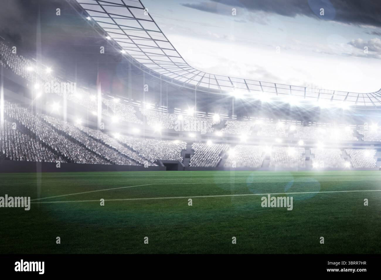 Flat vector illustration is showing stadium interior with green pitch ...