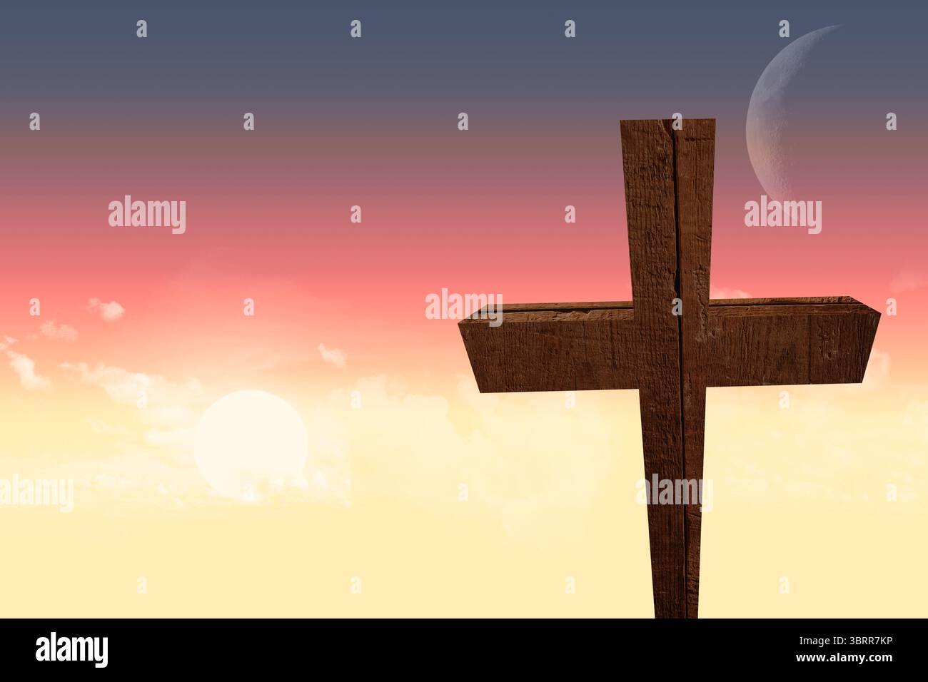 Wooden cross is standing in flat design gradient horizon sky, with ...